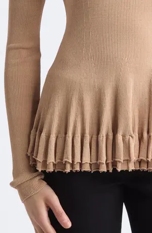 ASHLYN Meritt Ruffle Hem Rib Turtleneck Sweater - Tan