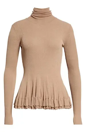 ASHLYN Meritt Ruffle Hem Rib Turtleneck Sweater - Tan