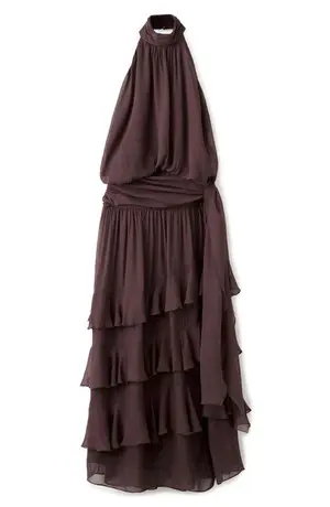 Mango Ruffled High Neck Tiered Maxi Dress