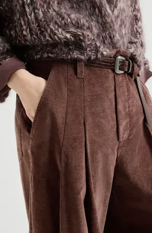 Brunello Cucinelli Stretch Cotton And Cashmere Corduroy Baggy Trousers With Monili - Chocolate