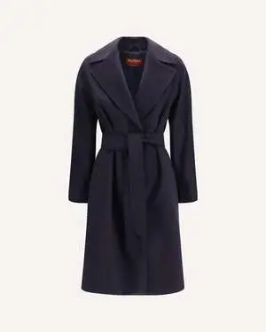 Max Mara Wool Coat With Peak Lapels And Belt - Blue