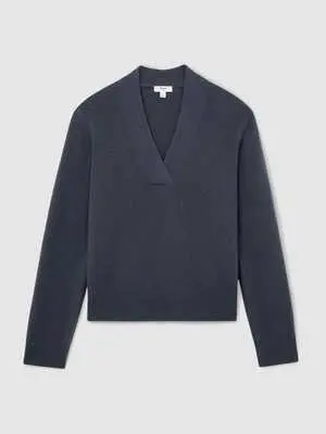 REISS Blanche 100% Cashmere Shawl-neck Jumper - Slate Blue