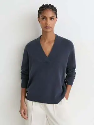 REISS Blanche 100% Cashmere Shawl-neck Jumper - Slate Blue