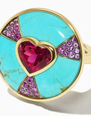 EMILY P. WHEELER Balance Ring With Rubellite Sapphire, Turquoise, And Agate In Yellow Gold - Pink