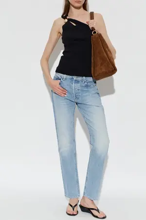 Cult Gaia Anouk Asymmetric One-shoulder Knit Top With Gold Embellishments