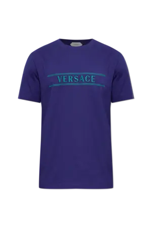 Versace Cotton T-shirt With Embroidered Logo - Navy Blue