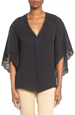 Kobi Halperin Marielle' Eyelet Embroidered Silk Butterfly Sleeve Blouse - Black