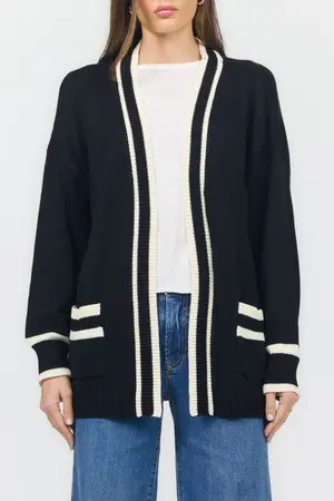DEAR JOHN Amani Open Front Stripe Trim Cardigan - Black/cream
