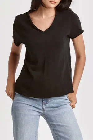DEAR JOHN Vanya V-neck Slub Knit T-shirt - Black