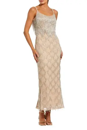Mac Duggal Beaded Fringe Mesh Column Dress
