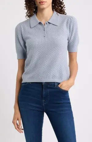 FRAME Honeycomb Knit Polo Sweater - Grey Blue
