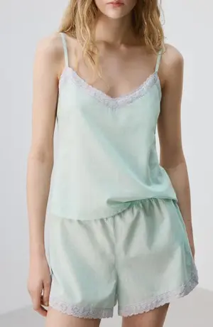 Mango Cotton Lace Trim Pajama Cami Blue