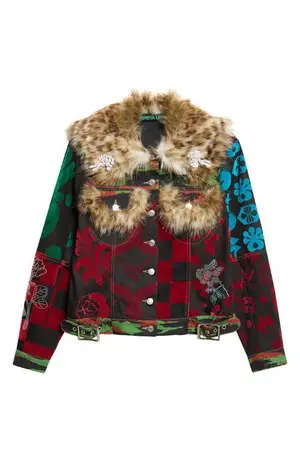 CHOPOVA LOWENA Patchwork Faux Fur Trim Denim Jacket