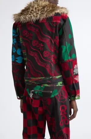 CHOPOVA LOWENA Patchwork Faux Fur Trim Denim Jacket