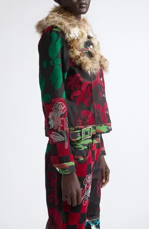 CHOPOVA LOWENA Patchwork Faux Fur Trim Denim Jacket