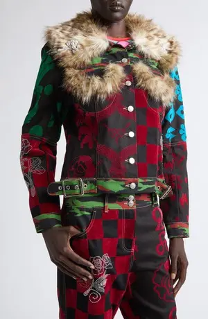 CHOPOVA LOWENA Patchwork Faux Fur Trim Denim Jacket