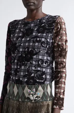 CHOPOVA LOWENA Duchess Flocked Mesh Top - Black Multi