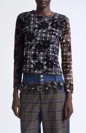 CHOPOVA LOWENA Duchess Flocked Mesh Top - Black Multi