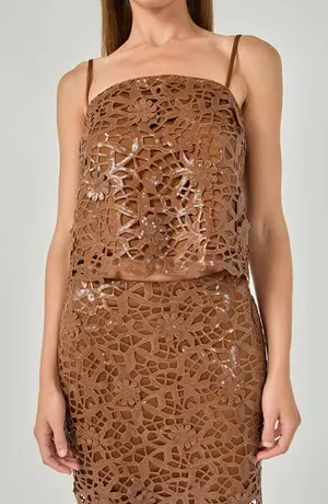 Endless Rose Sequin Floral Lace Cami Top - Dark Brown