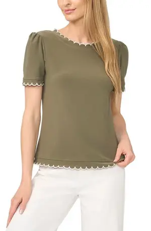 CECE DUPRAZ Scallop Trim Puff Sleeve Knit Top Dark Olive