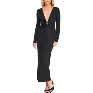 SOCIALITE Buckle Detail Long Sleeve V-neck Midi Dress - Black