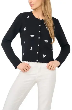 CECE DUPRAZ Embroidered Scalloped Trim Cardigan - Rich Black
