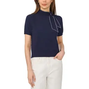 CECE DUPRAZ Contrast Stitch Mock Neck Tie Sweater - Classic Navy
