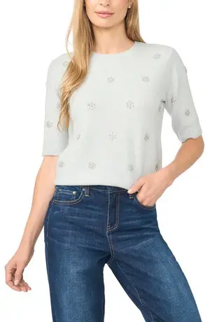 CECE DUPRAZ Jewel Embellished Elbow Sleeve Sweater - Erica Blue