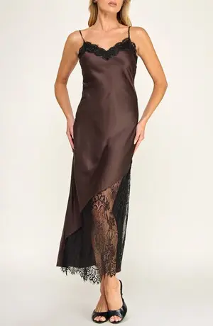 SOCIALITE Lace Trim Satin Midi Slipdress - Brown Black