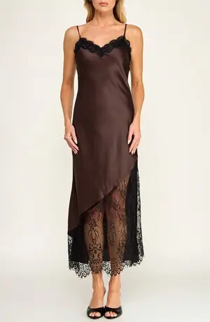 SOCIALITE Satin Slip With Dramatic Lace - Brown Black