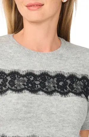 CECE DUPRAZ Lace Stripe Short Sleeve Sweater - Light Heather Grey