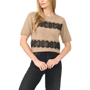 CECE DUPRAZ Lace Stripe Short Sleeve Sweater - Taupe