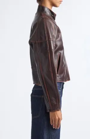 Helmut Lang Glossy Leather Biker Jacket With Funnel Neck - Saddle