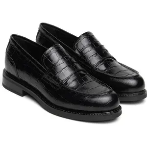 NEROGIARDINI Croc Embossed Leather Penny Loafer - Black