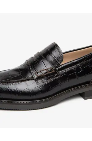 NEROGIARDINI Croc Embossed Leather Penny Loafer - Chocolate