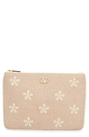 Valentino Garavani Vlogo Signature Medium Floral Embroidered Flat Pouch - Natural
