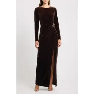 Eliza J Long Sleeve Ruched Velvet Gown