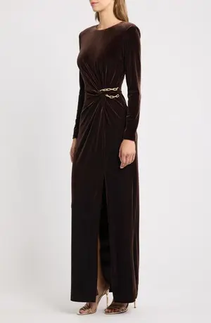 Eliza J Long Sleeve Ruched Velvet Gown