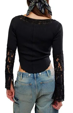 Free People Intimately Fp Amber Lace Cuff Waffle Knit Top - Black