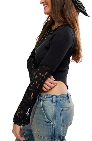 Free People Intimately Fp Amber Lace Cuff Waffle Knit Top - Black