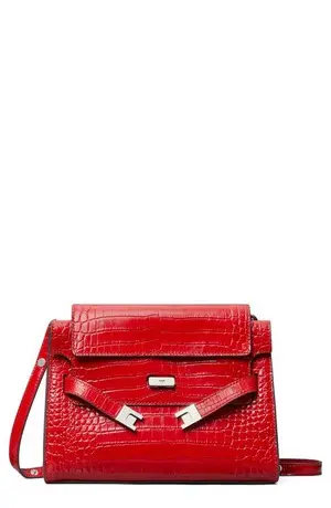 Tory Burch Lee Radziwill Croc Embossed Leather Shoulder Bag - Red Sky