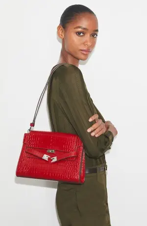 Tory Burch Lee Radziwill Croc Embossed Leather Shoulder Bag