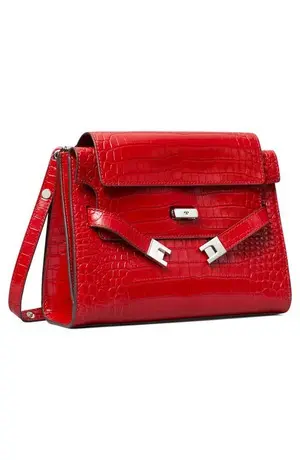 Tory Burch Lee Radziwill Croc Embossed Leather Shoulder Bag