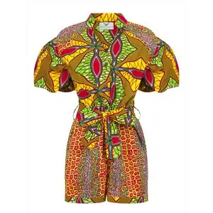 OHEMA OHENE African Print Cotton Playsuit With Puff Sleeves And Belt - Yellow