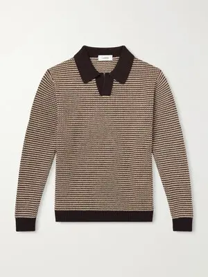 LARDINI Striped Camp-collar Wool And Cashmere Blend Sweater - Brown