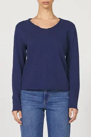 DEAR JOHN Vanya Long Sleeve V-neck Slub Knit T-shirt - Black Iris