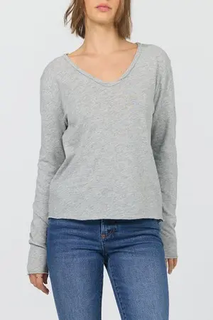 DEAR JOHN Vanya Long Sleeve V-neck Slub Knit T-shirt - Heather Grey