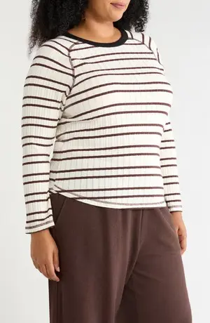 Wit & Wisdom Striped Ribbed Long Sleeve Top - Ecru/black