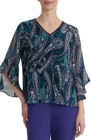 KASPER Print Ruffle Sleeve Top - Black Multi