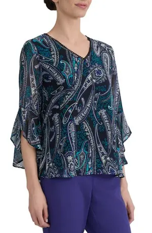 KASPER Print Ruffle Sleeve Top